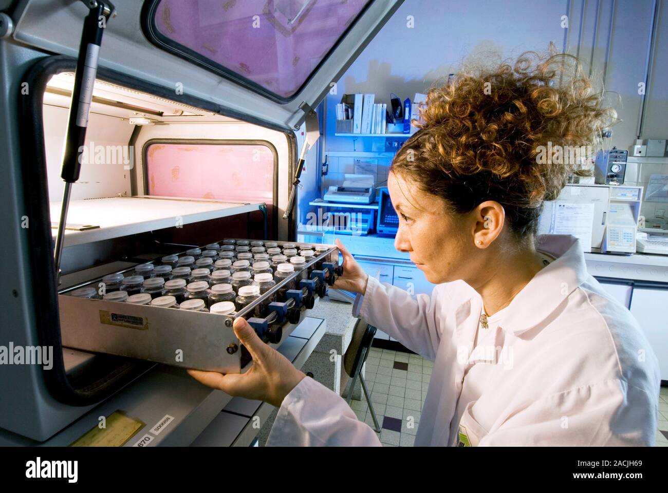 Product safety testing. Technician analysing paint removed from toys to ...