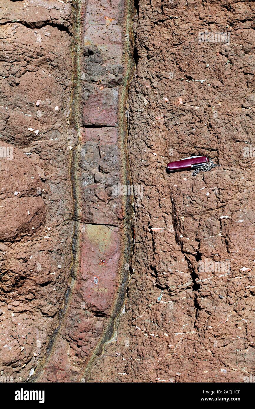 Volcanic dyke. Tertiary volcanic intrusion in a rock face. This rock ...