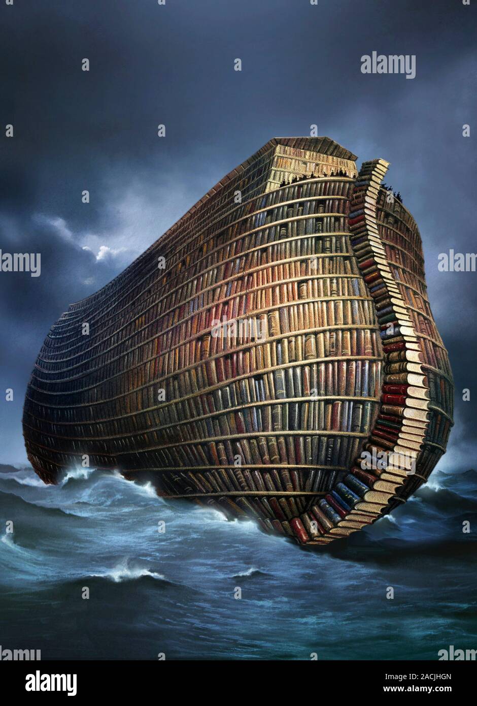 Literary ark. Conceptual artwork of a large ark (boat) constructed of ...