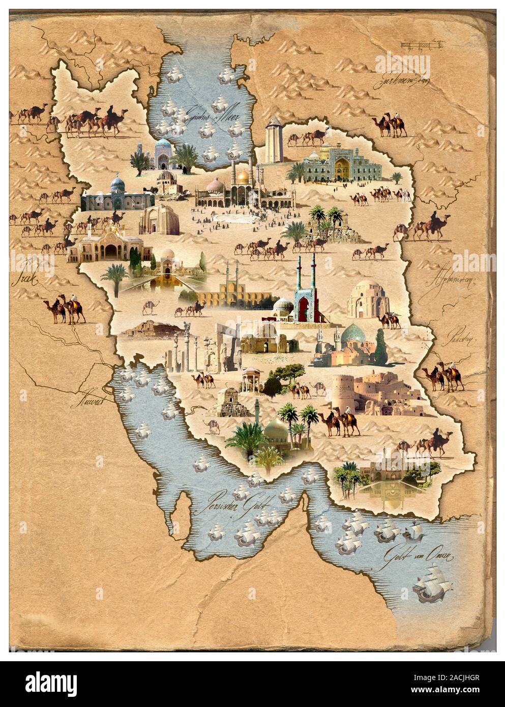 Iran, pictorial map. This map shows Iran (centre) and the countries ...