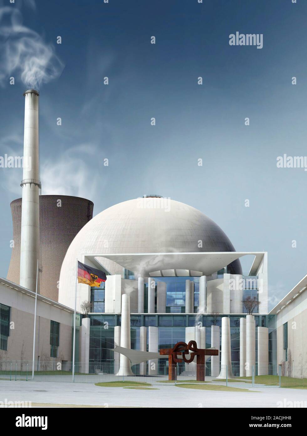 Nuclear power station, artwork. The nuclear reactor is housed under the ...