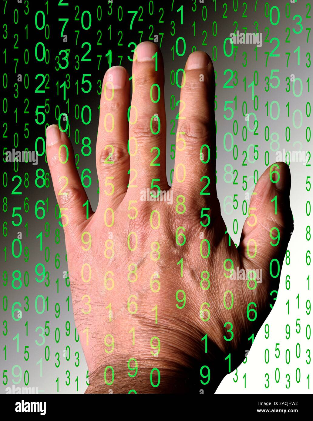 Digital knowledge, conceptual image. Human hand reaching into a stream ...