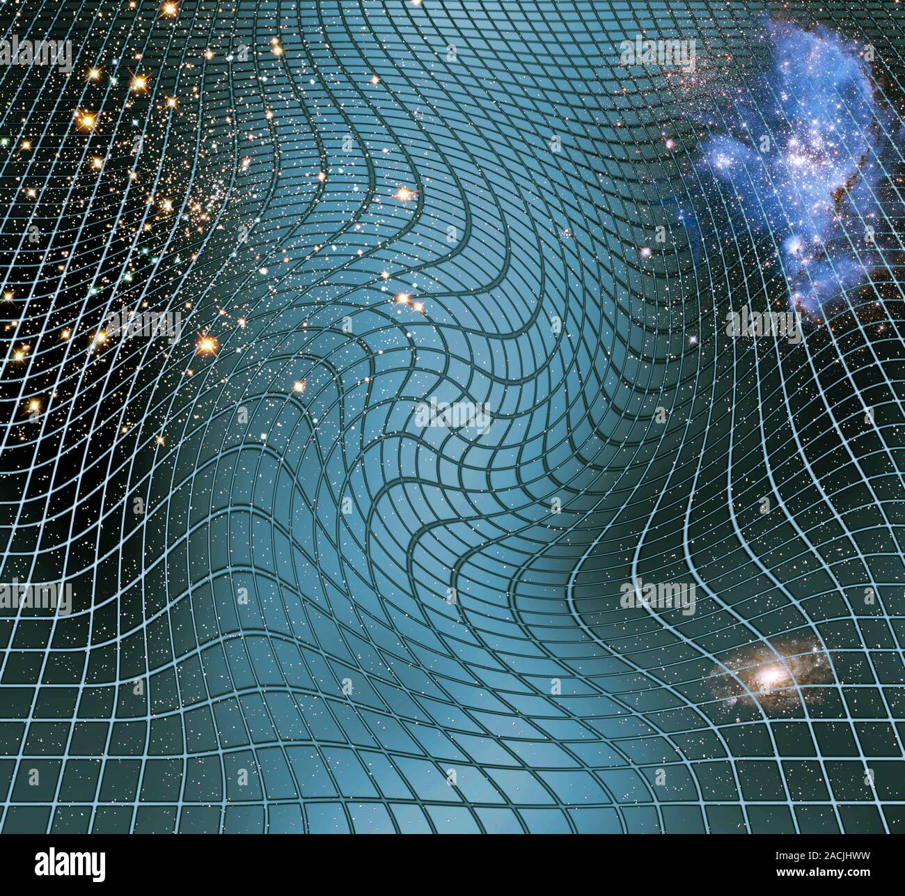 Gravity waves in space-time, with stars and galaxies, artwork. Space ...