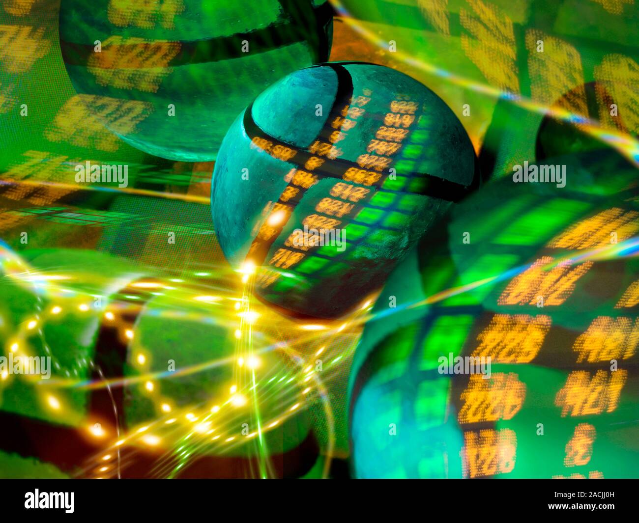 Biological computer. Conceptual image of chemicals, numbers and flashes ...