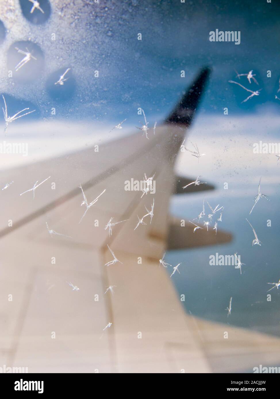 Aircraft window ice crystals. These crystals of frozen water vapour ...
