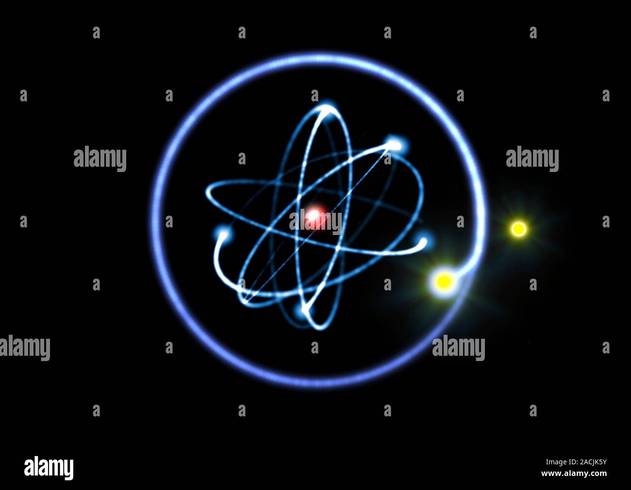 Photon emission. Computer artwork of an atom emitting photons (yellow ...