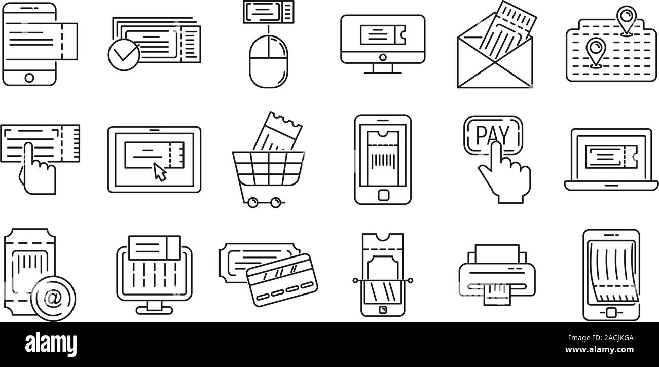 Online tickets booking icons set. Outline set of online tickets booking ...
