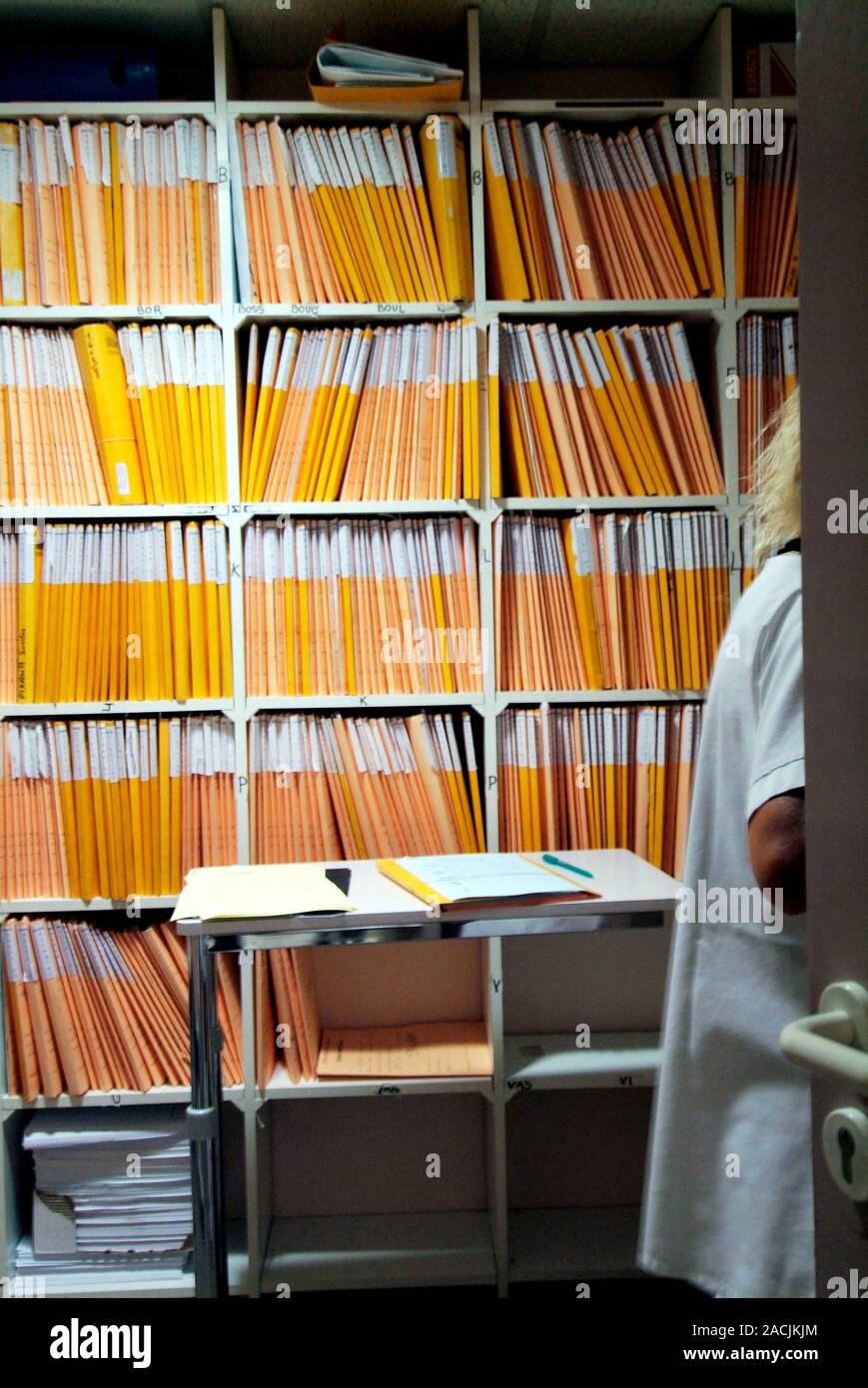 Patient records stored in a hospital. Photographed in Hyeres, France ...
