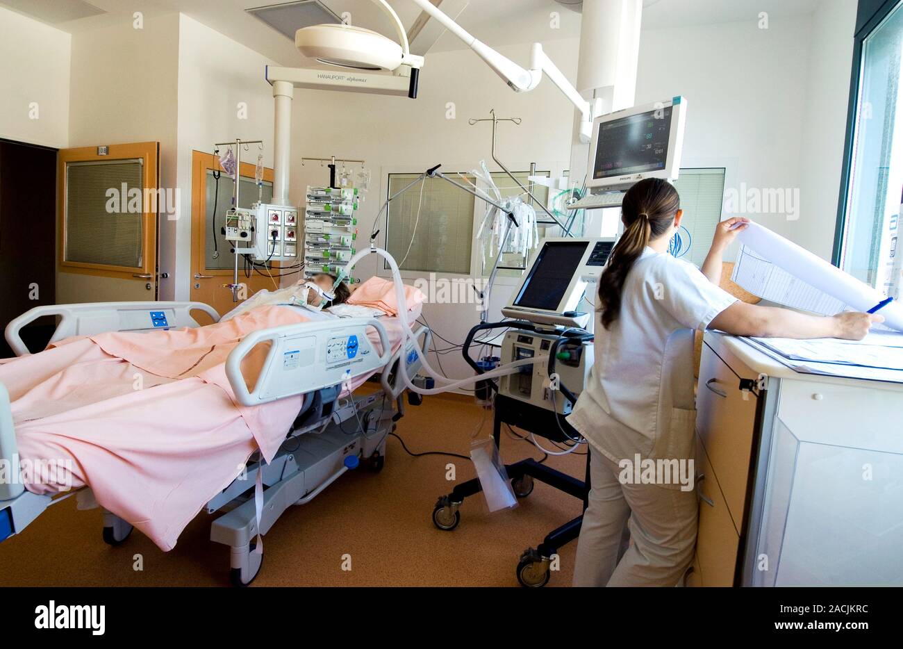 Intensive care unit. Nurse checking the vital signs of a hospital ...
