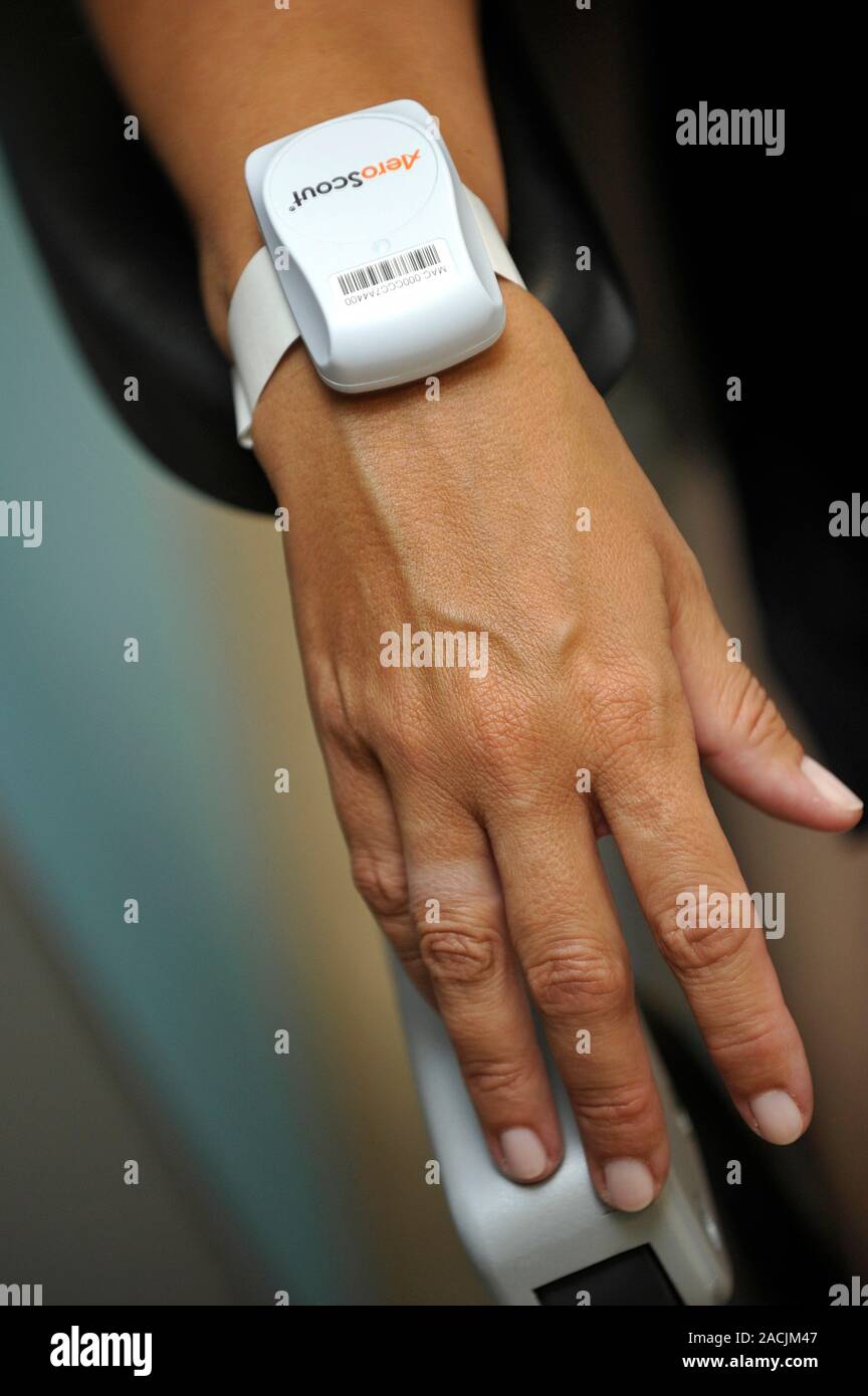 Wireless patient ID tag. RFID (radio-frequency identification) tag on ...