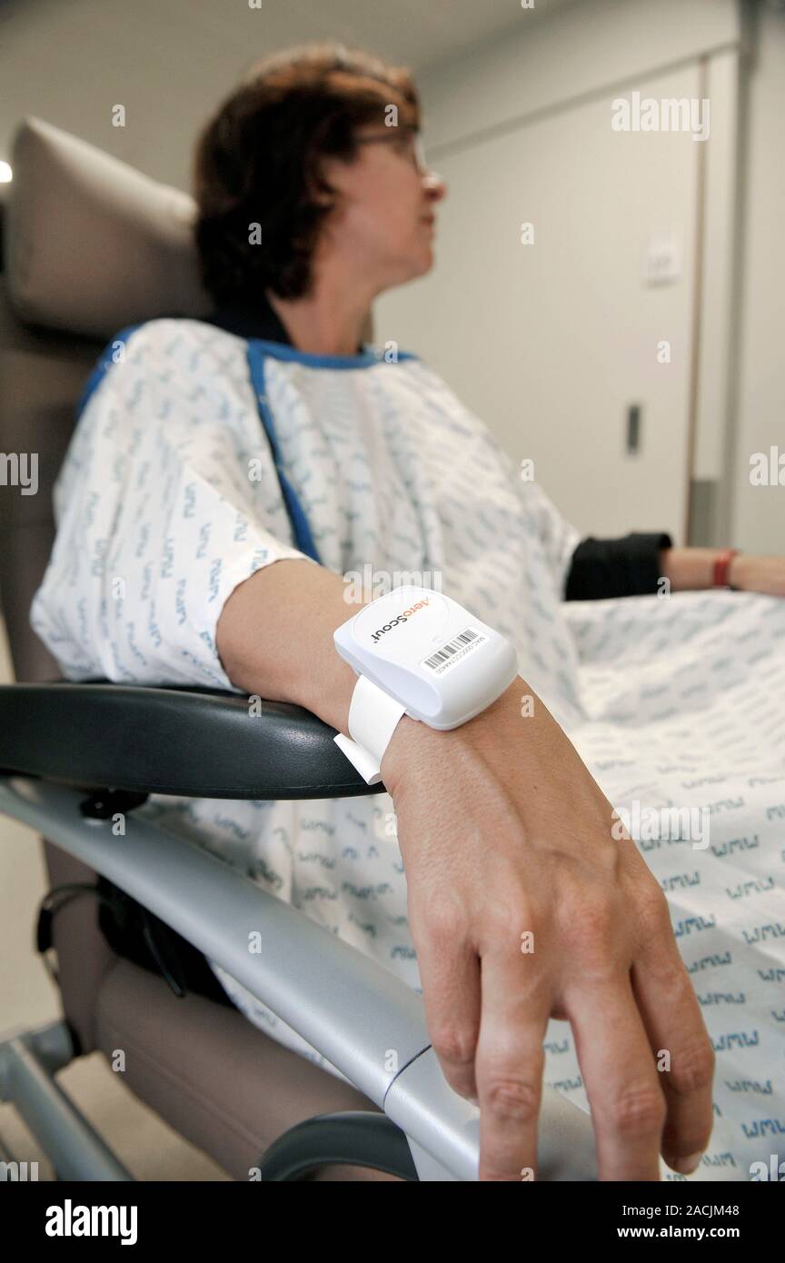 Wireless patient ID tag. RFID (radio-frequency identification) tag on ...