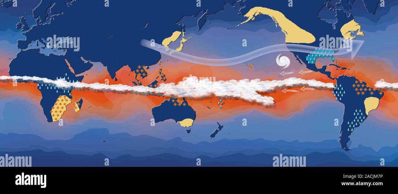 El Nino. Computer artwork showing the path and effects of the El Nino ...