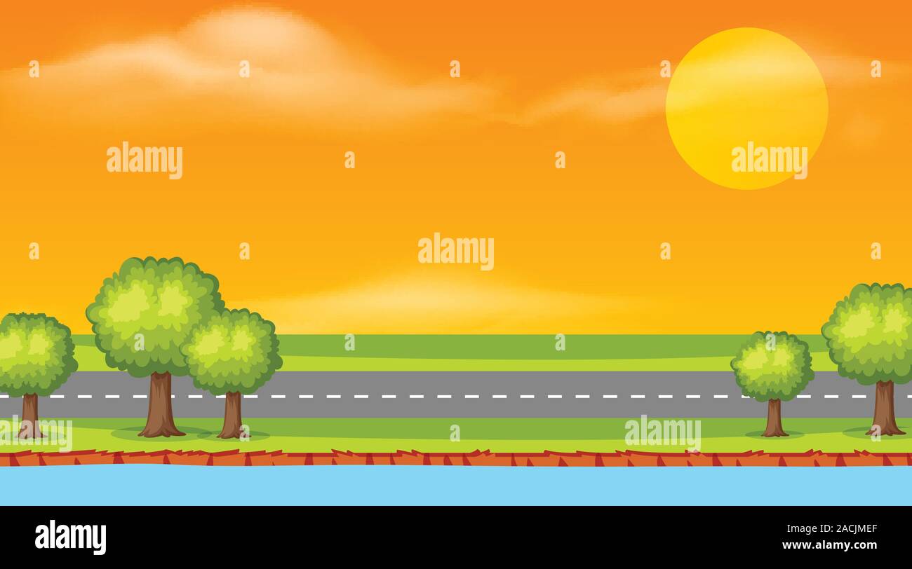 Landscape background design of road at sunset illustration Stock Vector ...