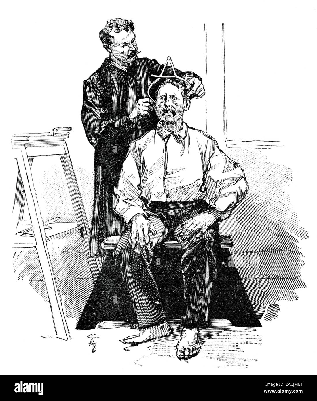 Anthropometry. Man having the width of his head measured. This ...