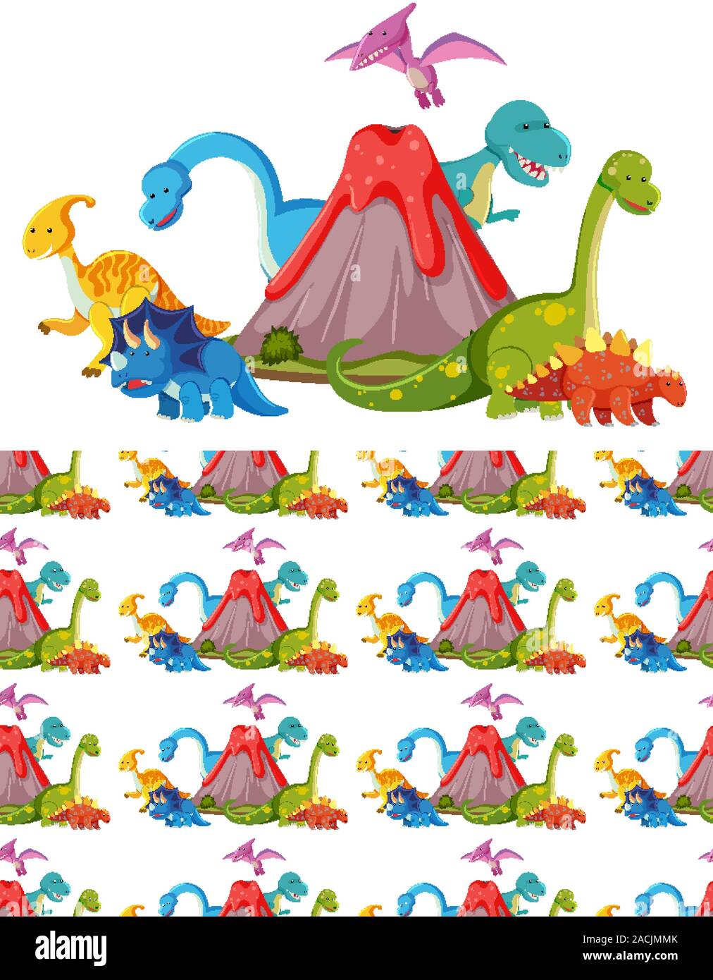 Dinosaurs and volcanoes with and seamless design illustration Stock ...