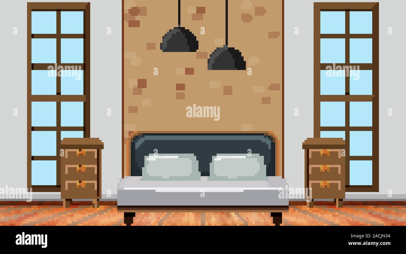 Scene with bed and wooden furniture in the room illustration Stock ...