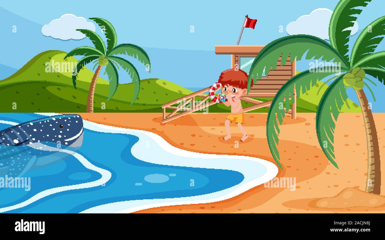 Beach scene with boy taking picture of whale illustration Stock Vector ...