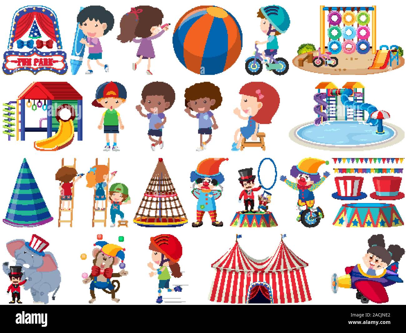 Large set of isolated objects of kids and circus illustration Stock ...