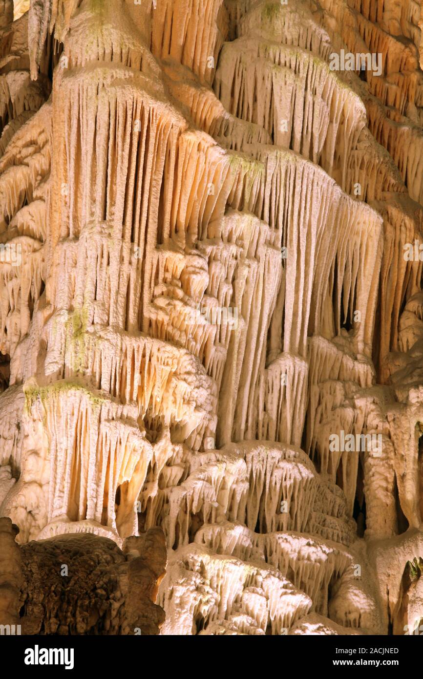 Postojna Cave. Large stalactite and stalagmite formations and columns ...