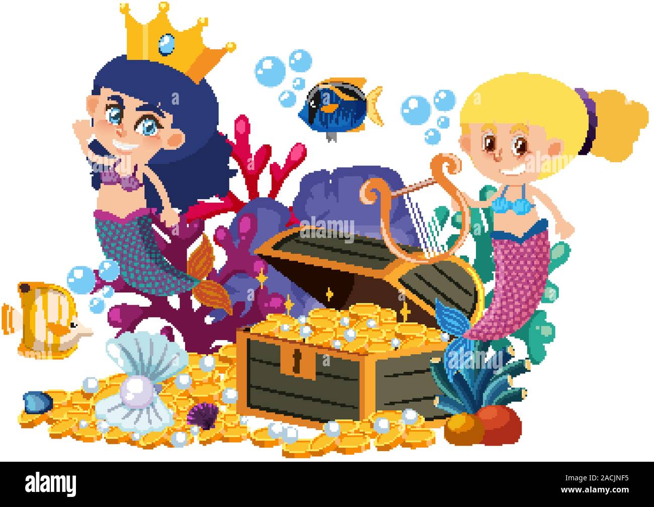 Mermaids and gold in treassure chest illustration Stock Vector Image ...