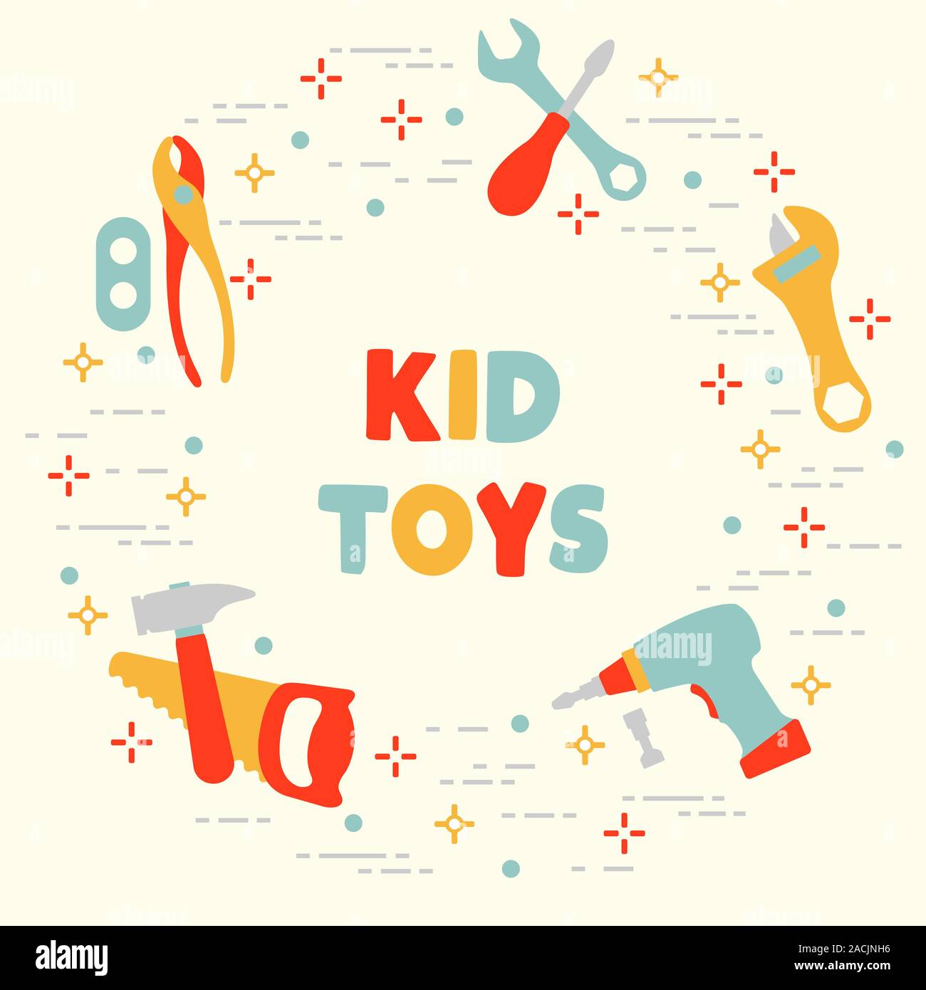 Vector illustration with kid toys. Toy tools. Saw, hammer, screwdrivers ...