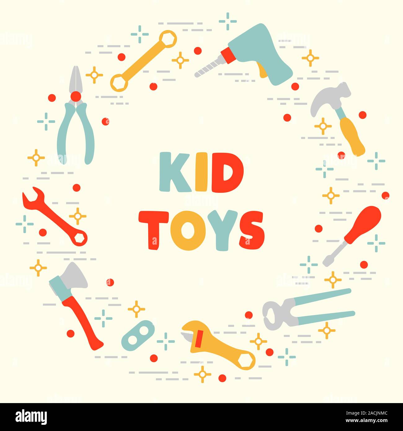 Vector illustration with kid toys Toy tools Drill, ax, hammer ...