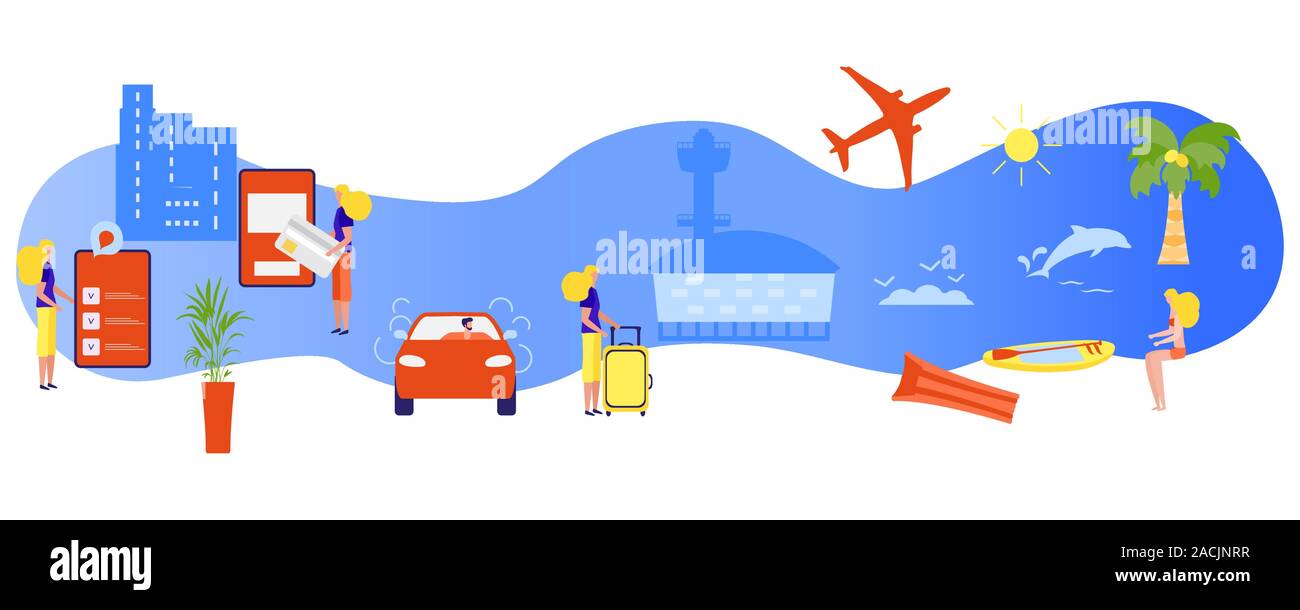 Vector illustration People plan vacation, book tour, pay, fly to rest ...
