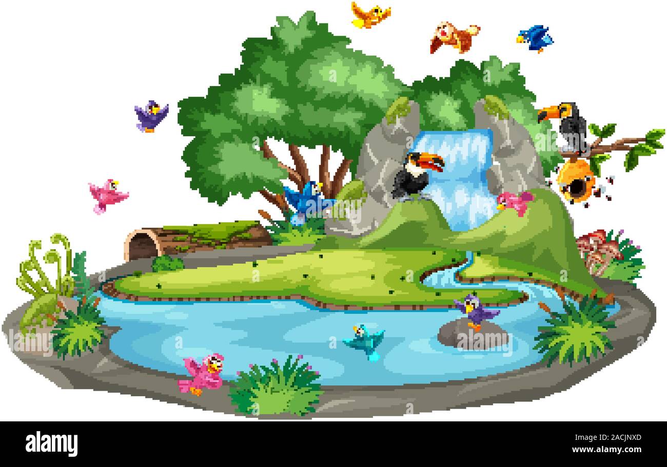 Background scene of birds at the waterfall illustration Stock Vector ...