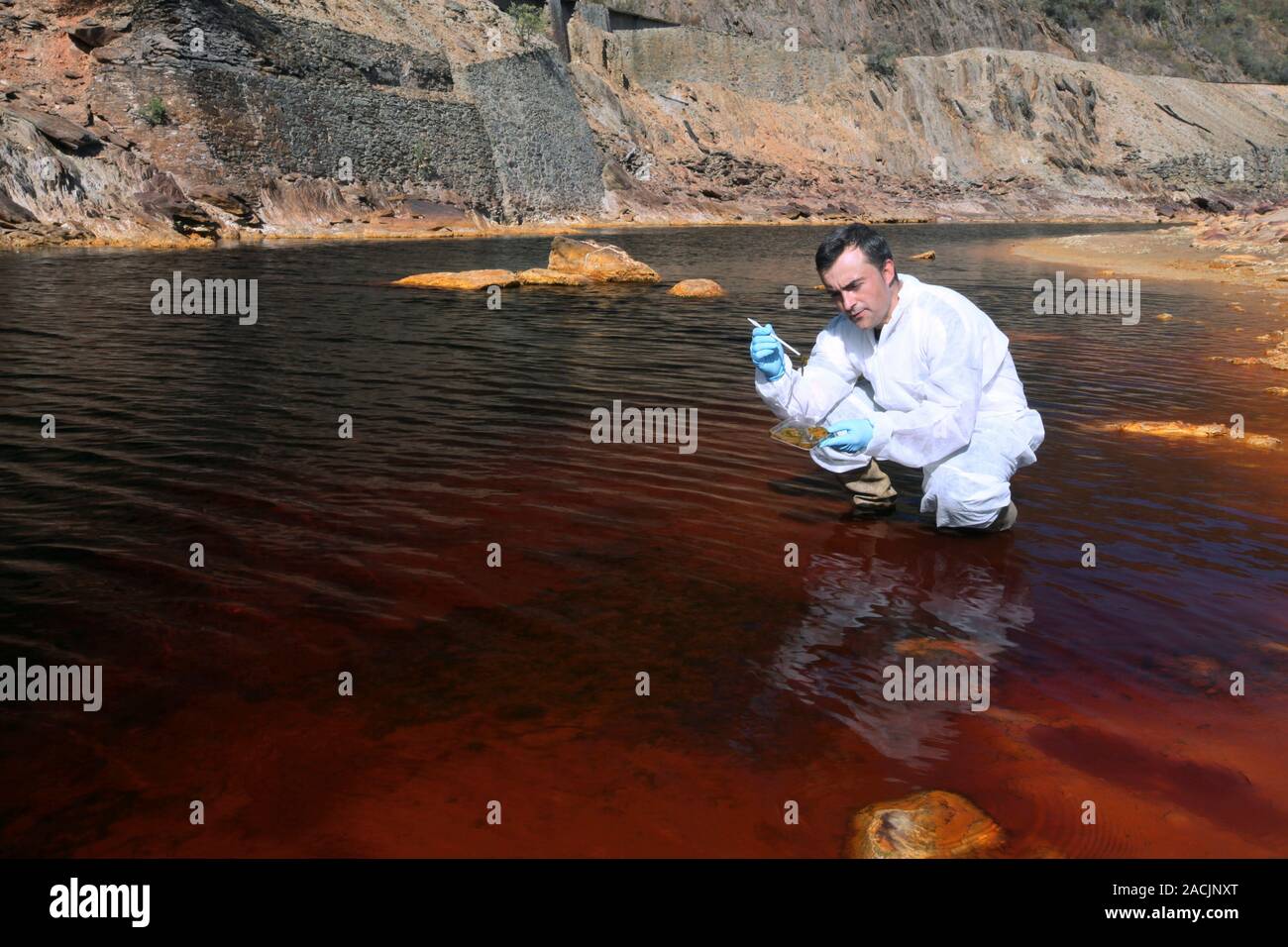 Rio Tinto research. Researcher examining a sample obtained from the Rio ...