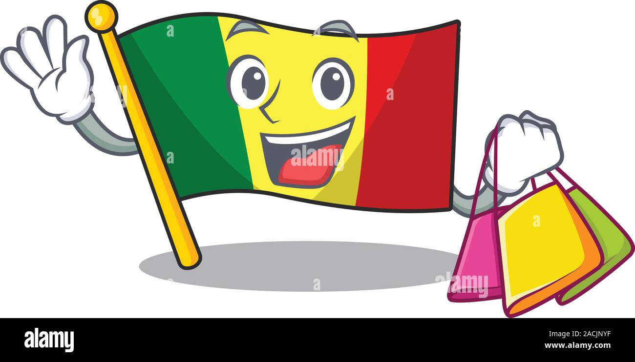 Cheerful flag mali cartoon character waving and holding Shopping bag ...