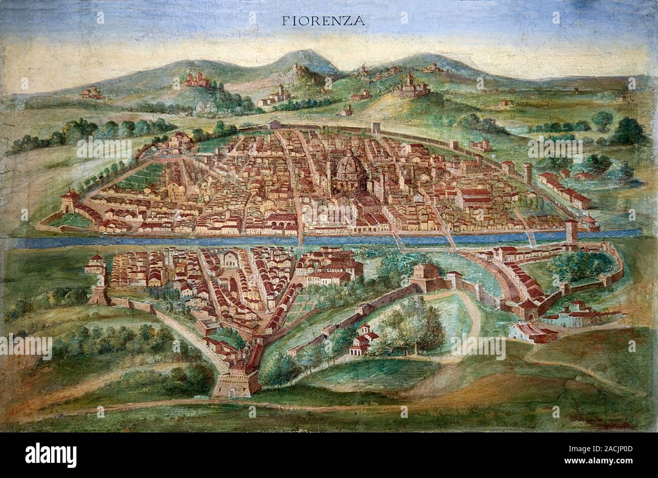 16th century plan of Florence, Italy. Detail from the map of Etruria ...