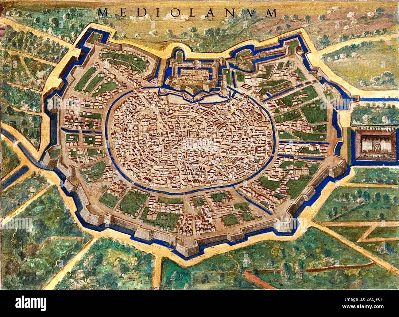 16th century plan of Milan. Details from the map of Ã'Mediolanensis ...