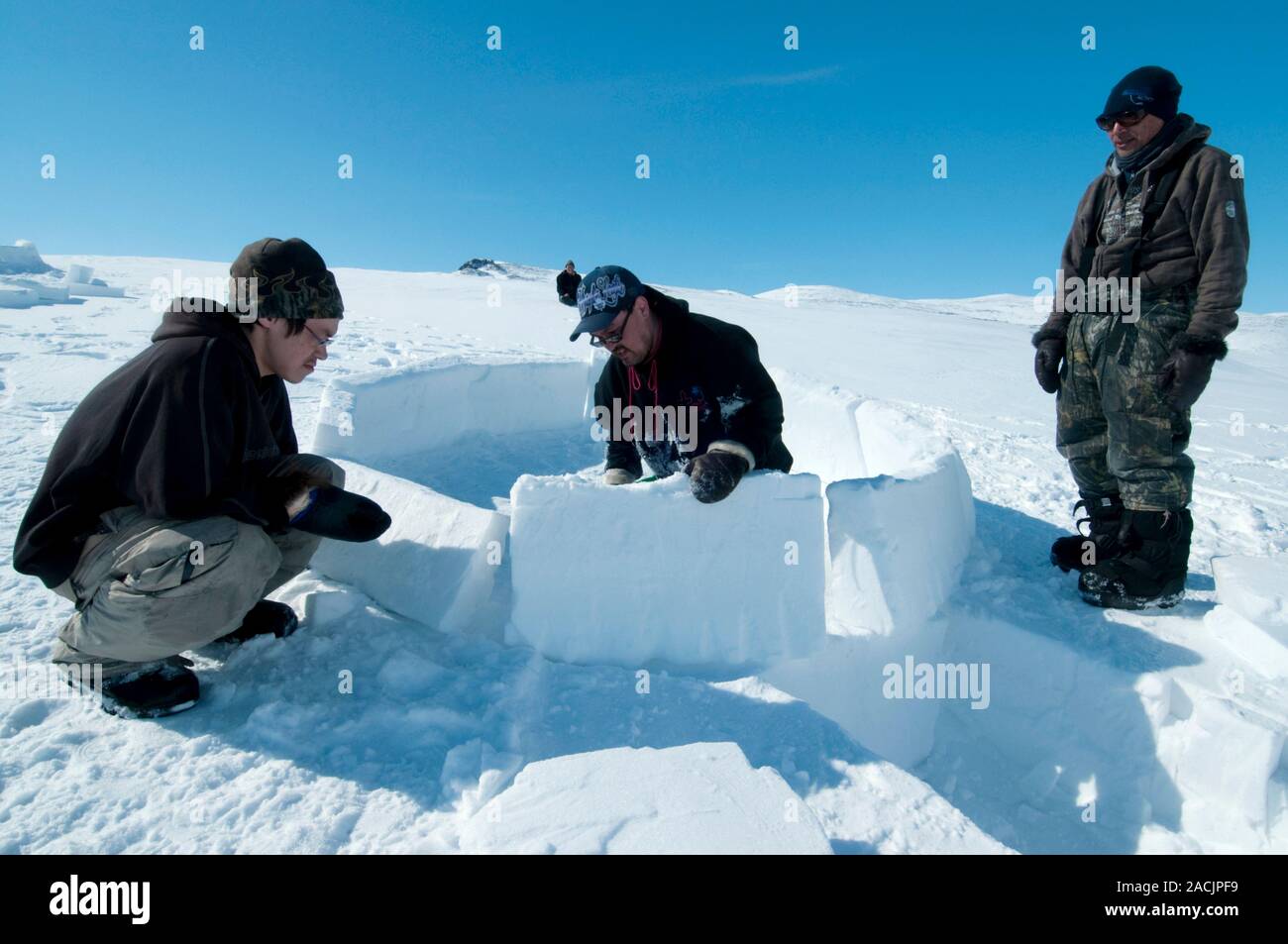 Igloo building, arctic. Expedition travellers learning how to build a ...