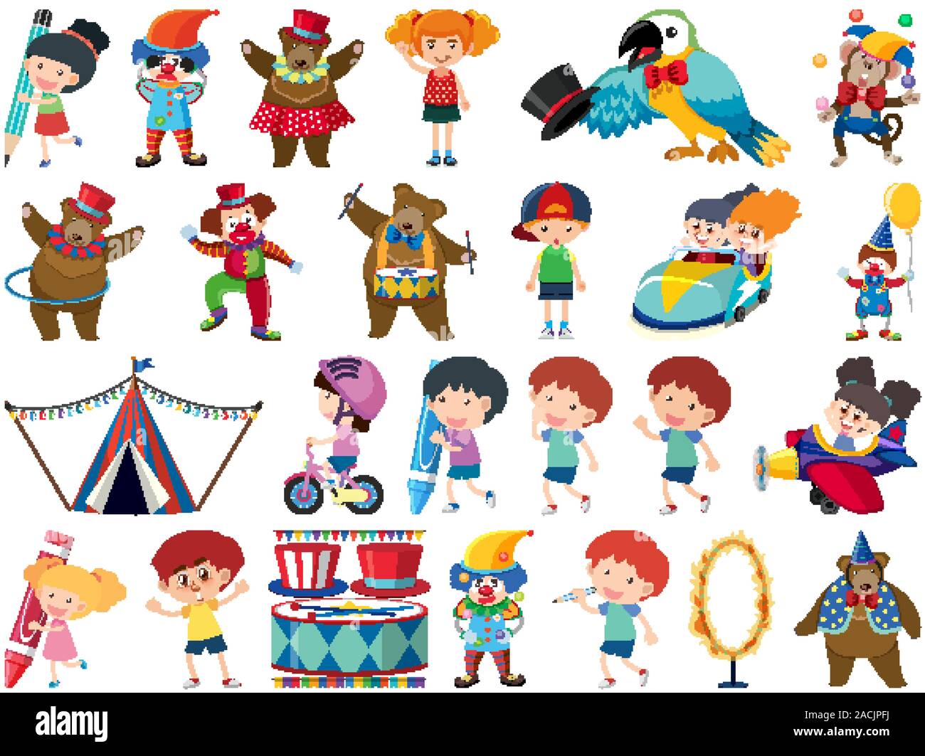 Large set of isolated objects of kids and circus illustration Stock ...