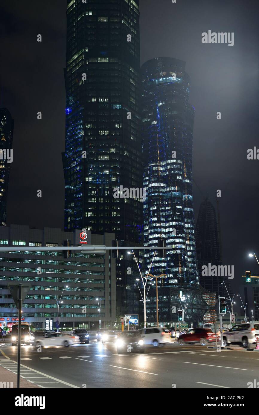 Doha, Qatar - Nov 18. 2019. Night cityscape downtown at Omar Al Mukhtar ...