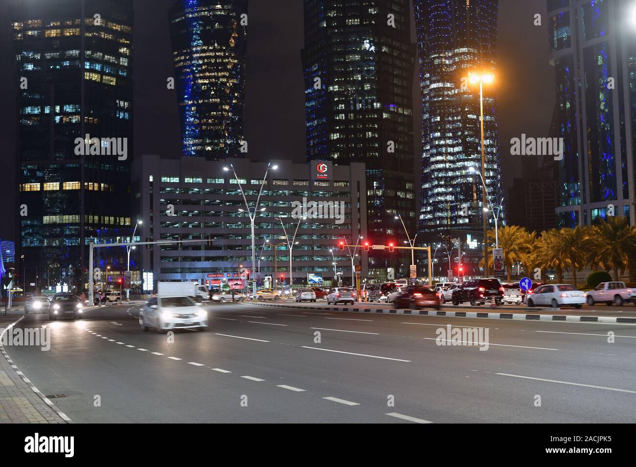Doha, Qatar - Nov 18. 2019. Night cityscape downtown at Omar Al Mukhtar ...