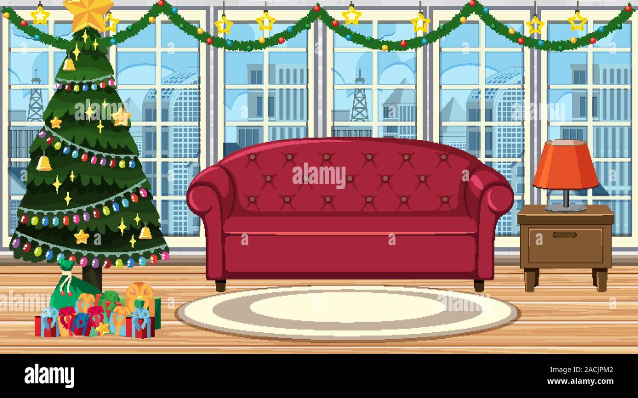 Scene with christmas tree in living room illustration Stock Vector ...