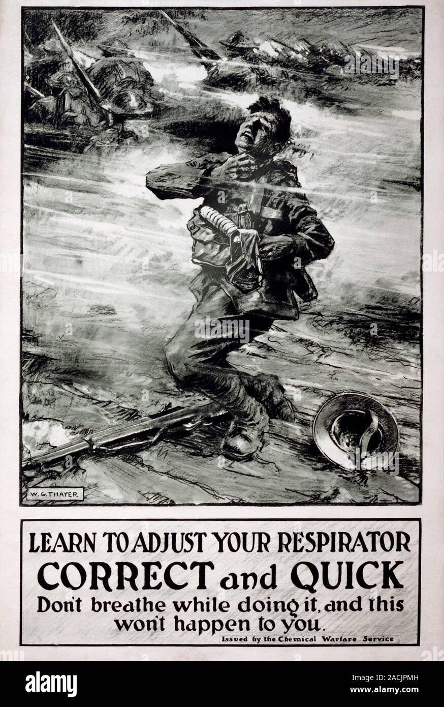 Gas warfare poster, World War I. Poster showing a soldier with his gas ...