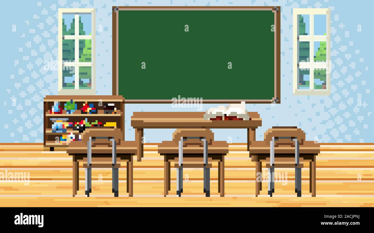 Classroom scene with chalkboard and desks illustration Stock Vector ...