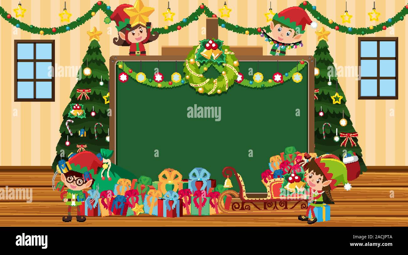 Border template with christmas tree and elves illustration Stock Vector ...