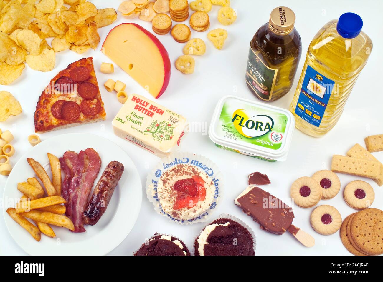 Oily and fattening food. Assorted foods that are cooked in or contain ...