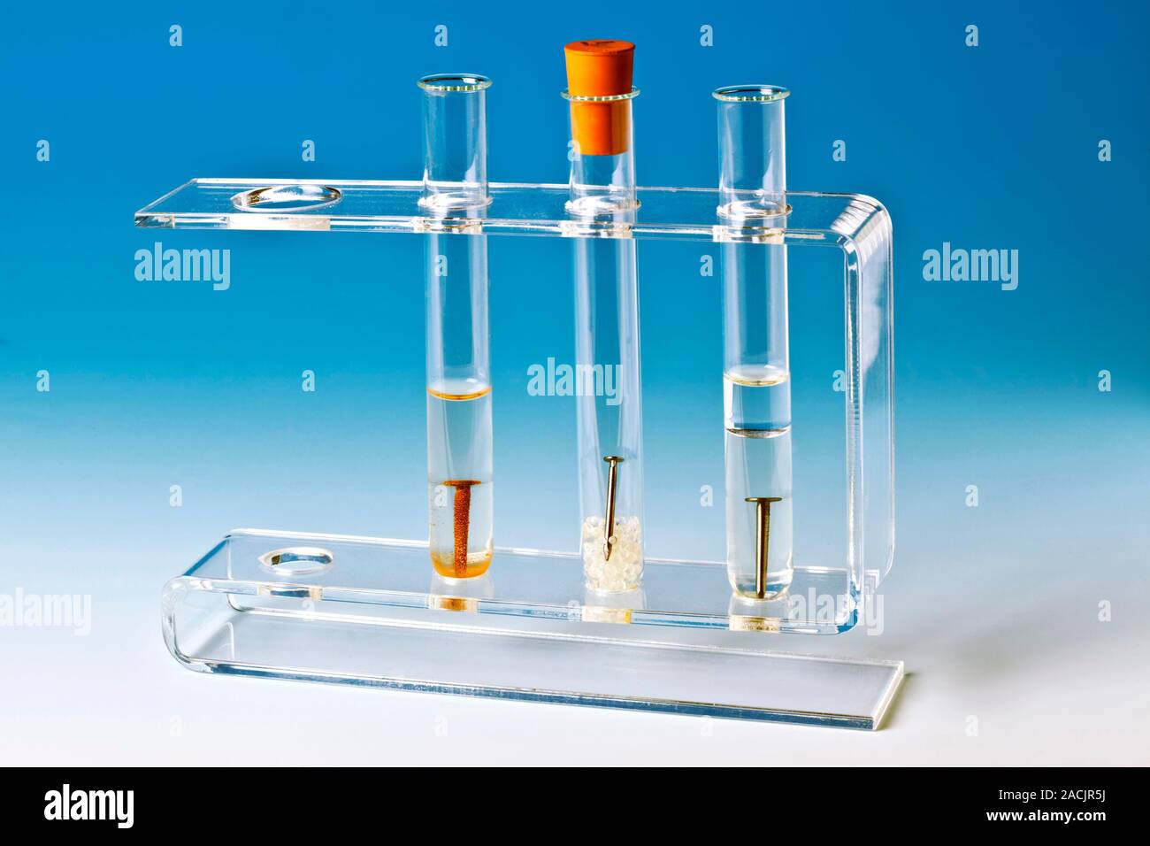 Steel oxidation experiment. From left to right the test tubes contain ...