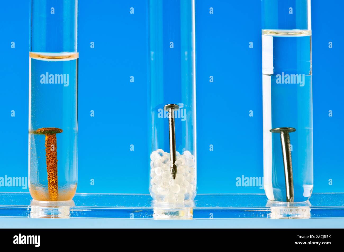 Steel oxidation experiment. From left to right the test tubes contain ...