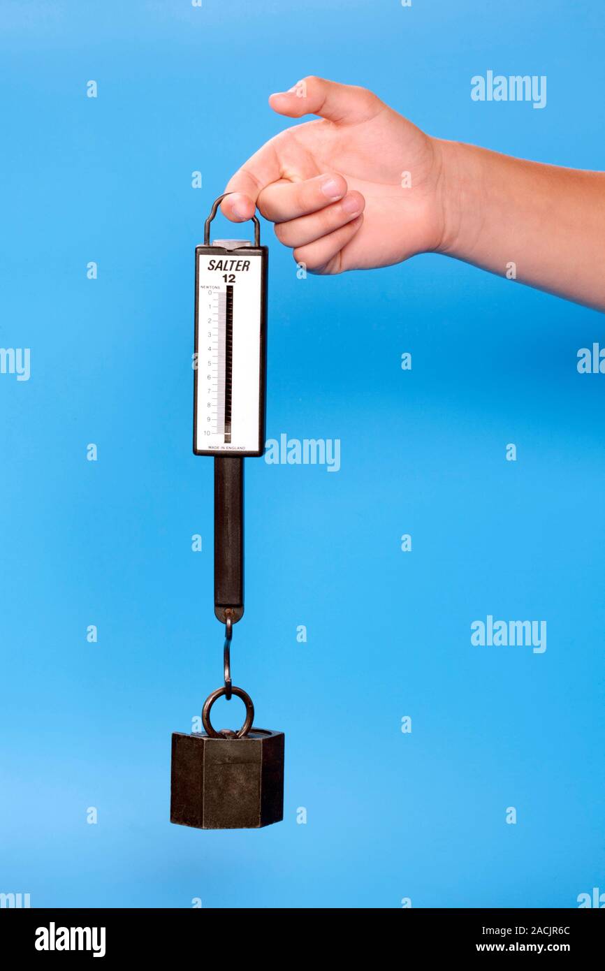 Spring-loaded weight balance being used to measure a standard mass ...