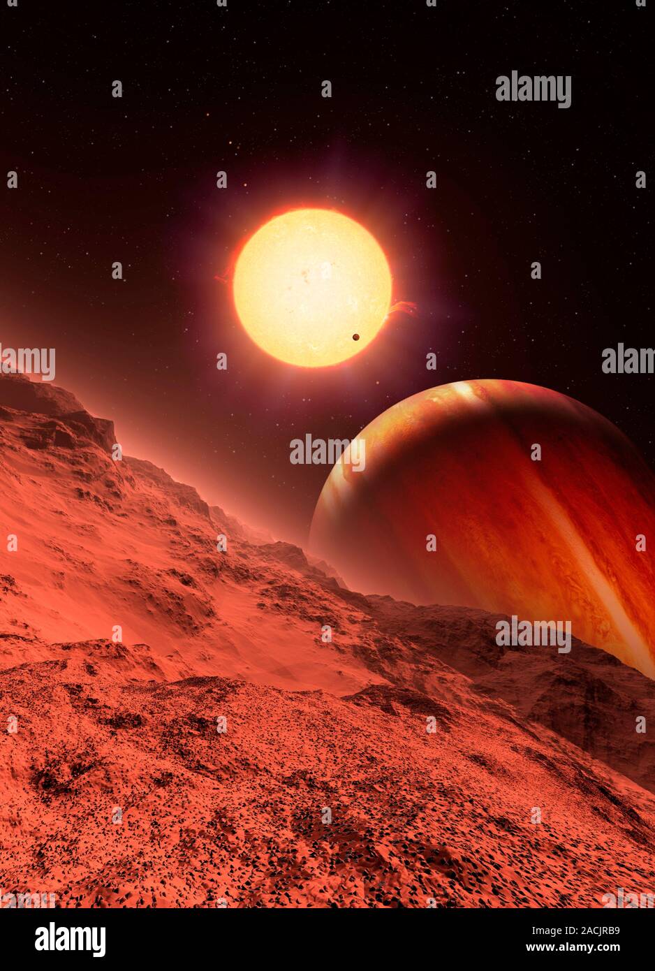 Alien planetary system. Computer artwork of a view across an alien moon ...