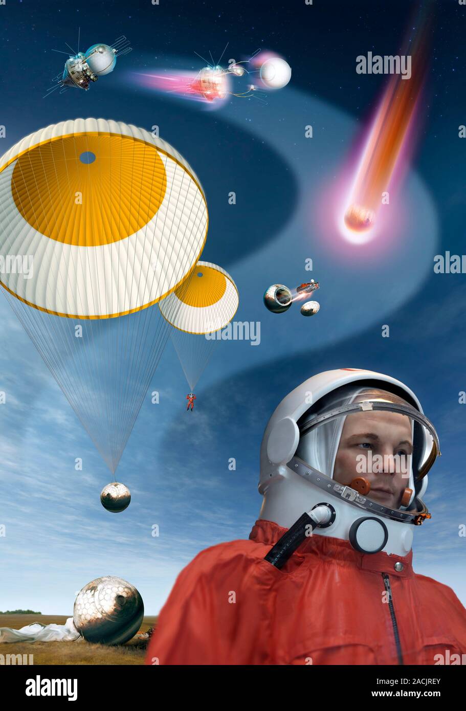 Yuri Gagarin's landing. Computer artwork of the Soviet cosmonaut and ...