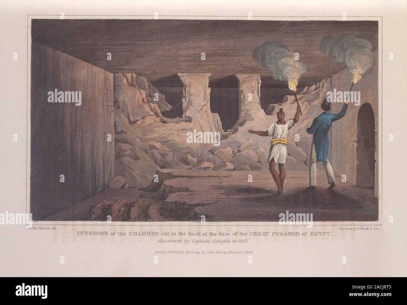 Inside the Great Pyramid. Western explorer and a local guide carrying ...