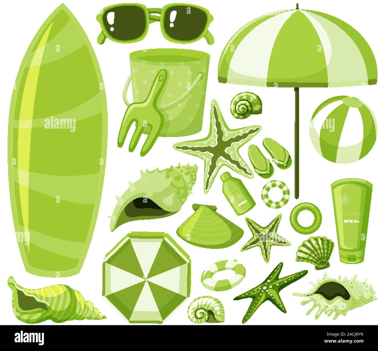 Isolated beach items set in green color illustration Stock Vector Image ...