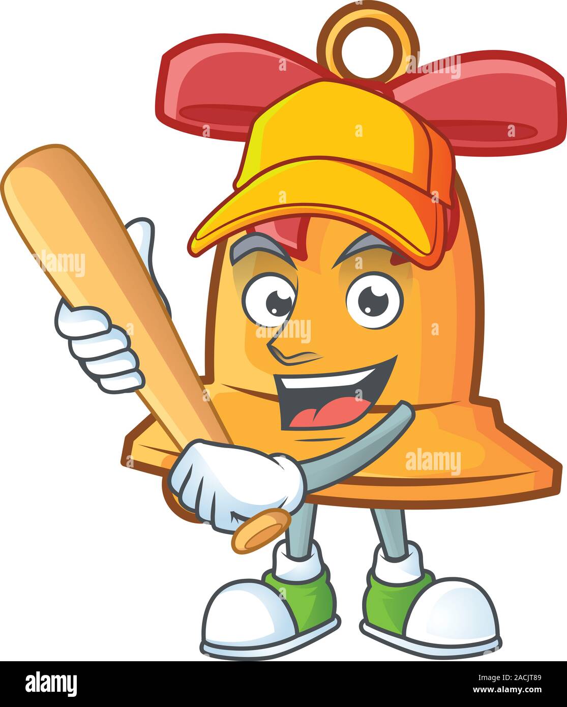 Funny smiling christmas bell cartoon mascot playing baseball Stock ...