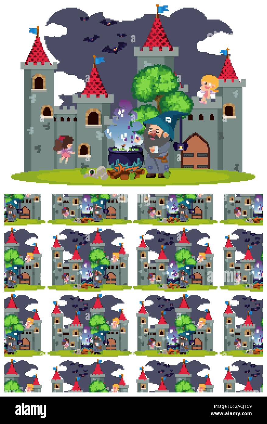 Seamless background design with wizard at castle illustration Stock ...